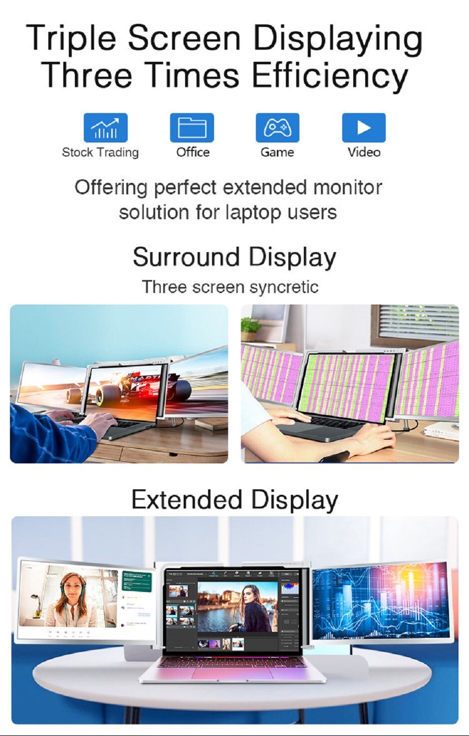 15 Inch Lcd Display Triple Screens Laptop Extender Monitor Two Cables Portable Screen For 15-17 ...