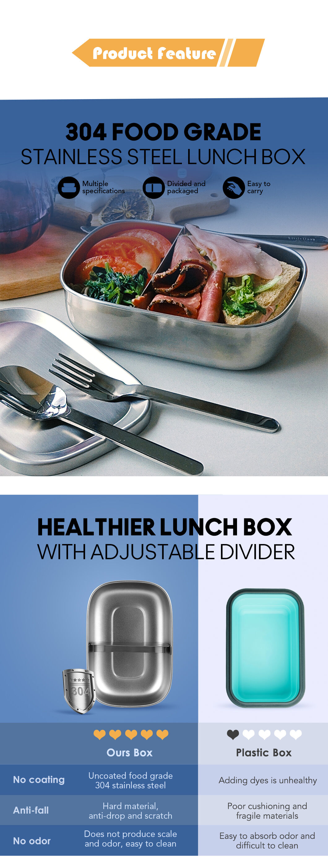 Everich Dishwasher Safe 18/8 Single Wall Stainless Steel Lunch Box With Divider Inside , With ...