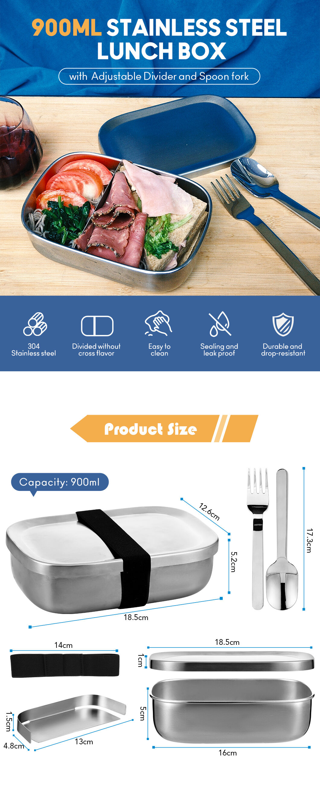 Everich Dishwasher Safe 18/8 Single Wall Stainless Steel Lunch Box With Divider Inside , With ...