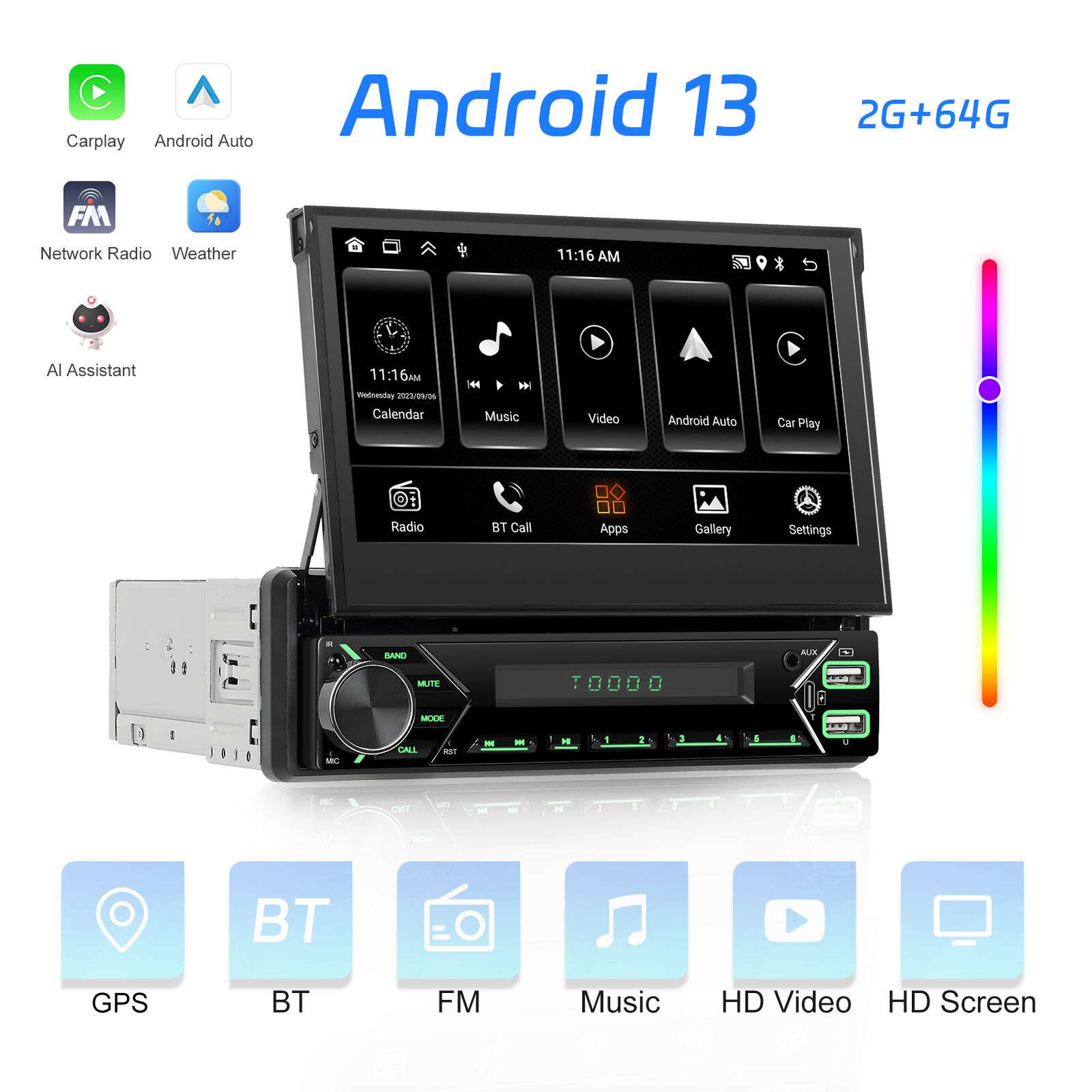 Podofo Android Car Stereo 1 Din 7'' Wireless Carplay Android Auto 2+64g ...
