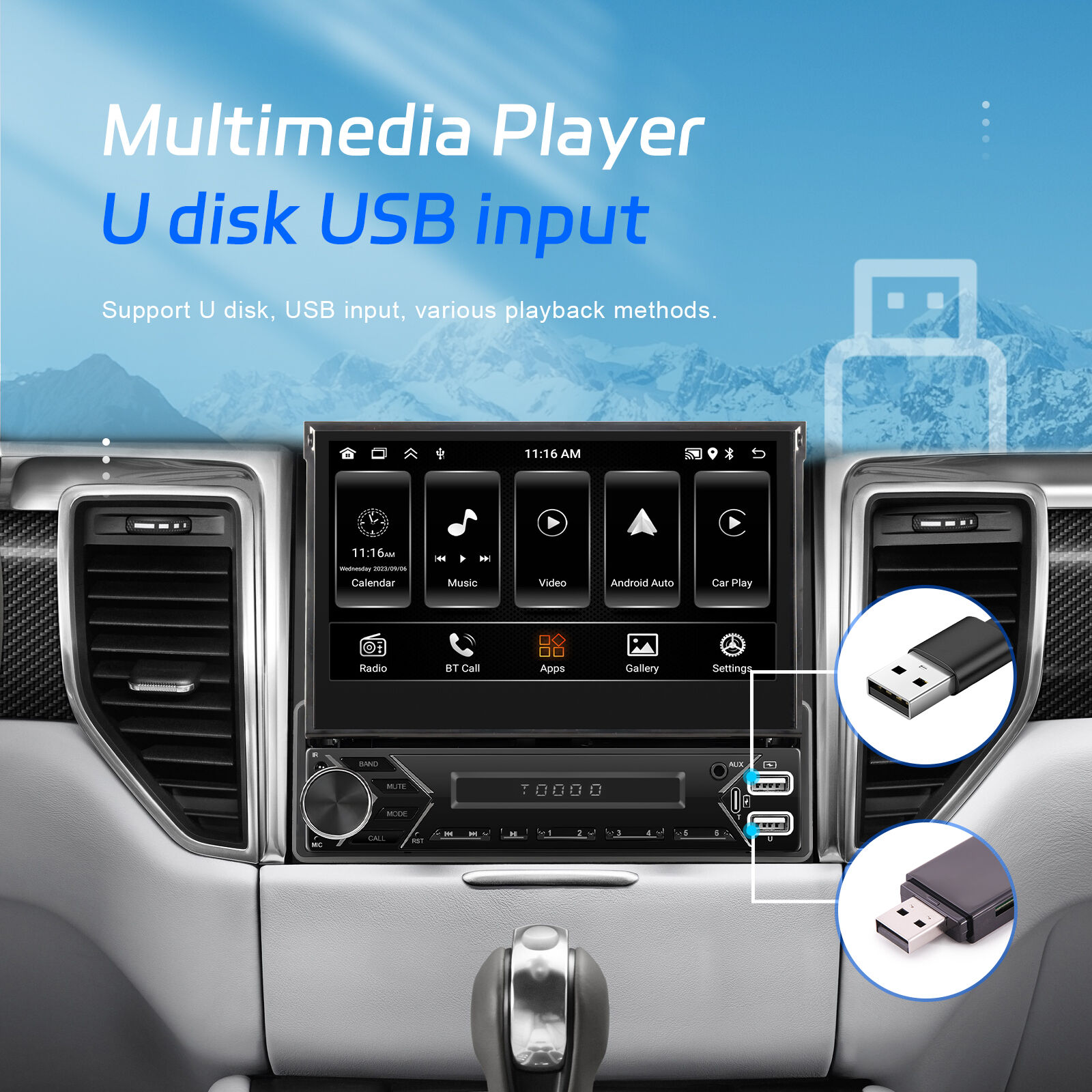 Podofo Android Car Stereo 1 Din 7'' Wireless Carplay Android Auto 2+64g ...
