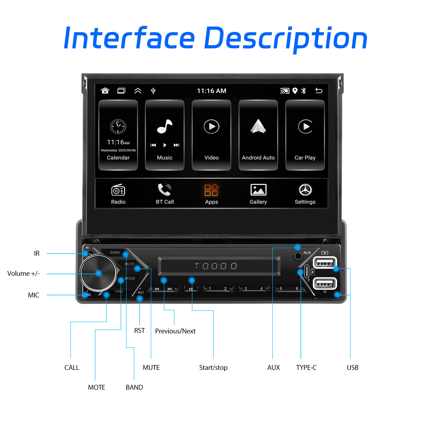 Podofo Android Car Stereo 1 Din 7'' Wireless Carplay Android Auto 2+64g ...