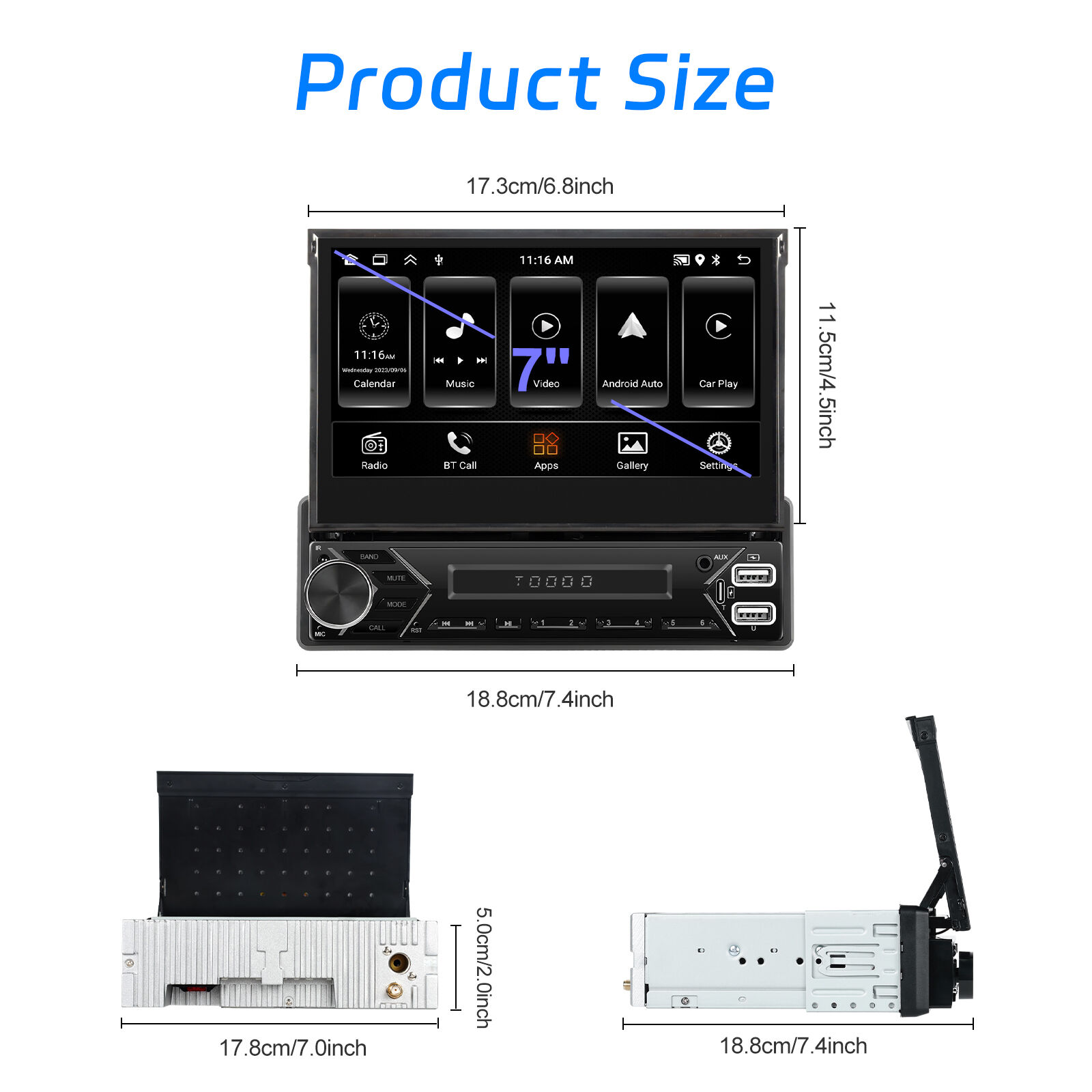 Podofo Android Car Stereo 1 Din 7'' Wireless Carplay Android Auto 2+64g ...