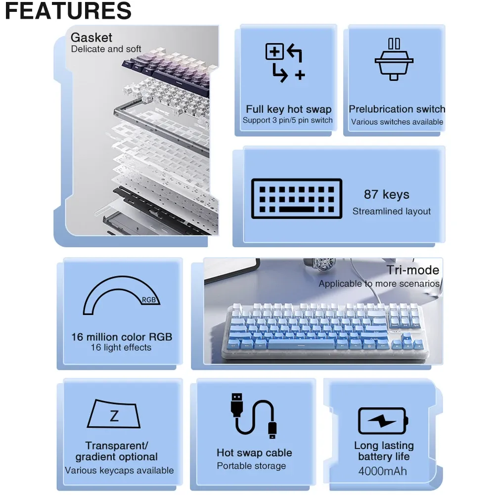Aula L87 Tri-mode Wireless Keyboard Gasket Stucture 87 Keys Hotswap ...