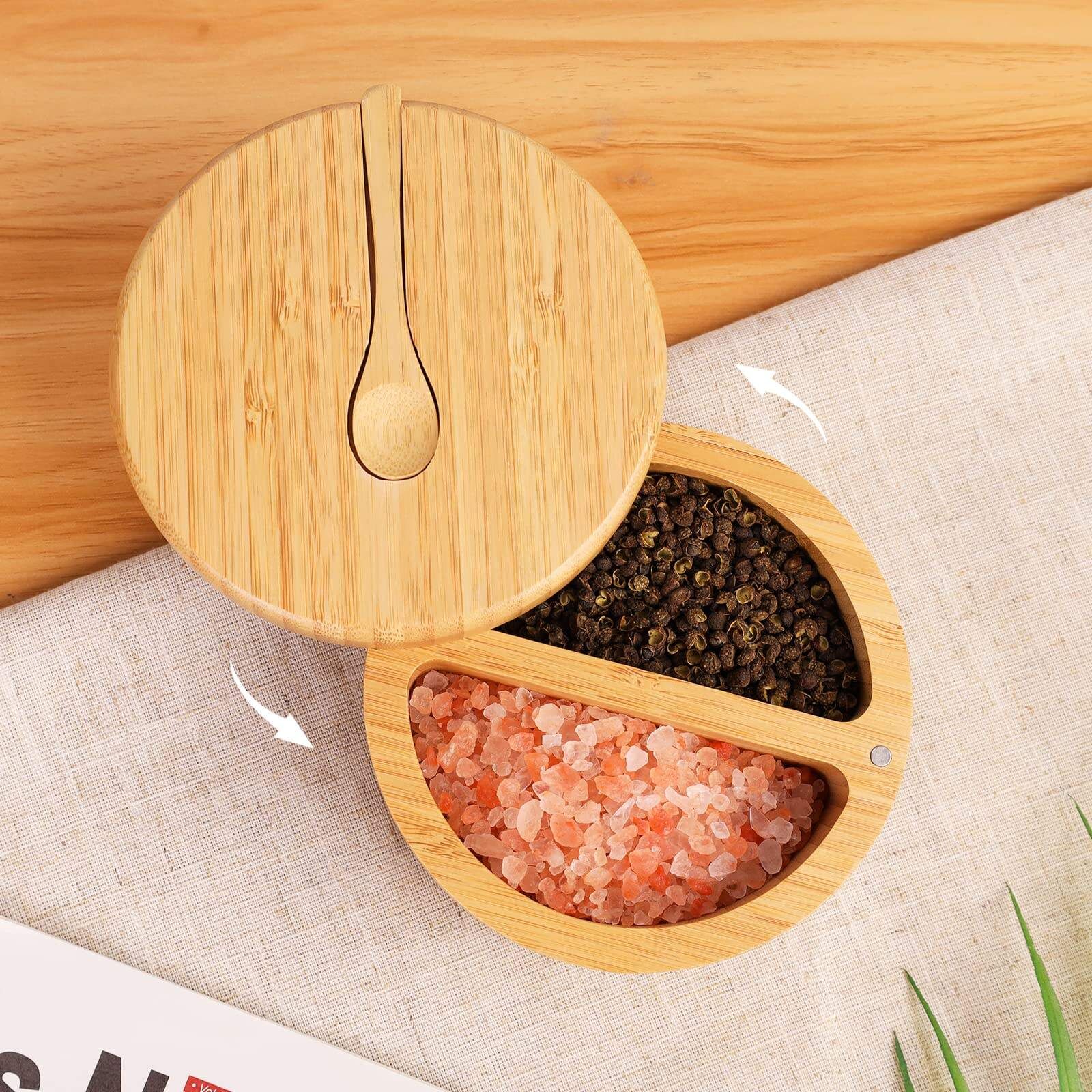 Bamboo Salt Box Salt Pepper Bowls Divided Salt Cellar Seasoning ...