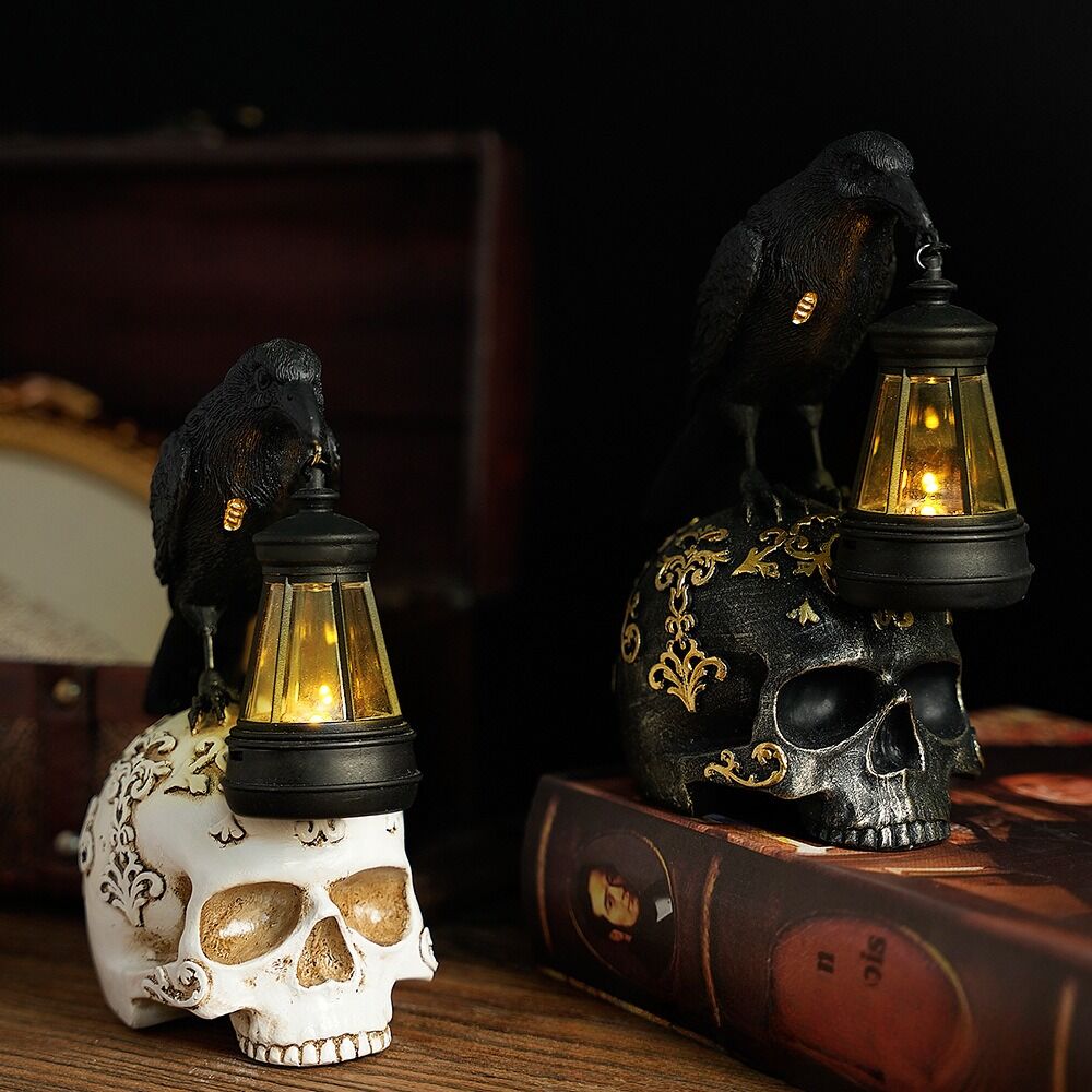 Halloween Decoration Of Raven On Skull With Solar Lantern Light Bird ...