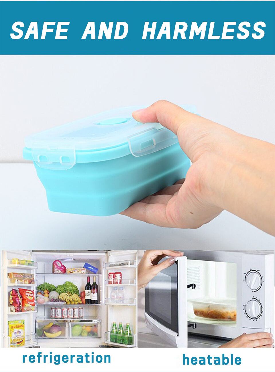 1200ml Heatable Foldable Silicone Lunch Boxes Heat-resistant 4 Pcs/set ...