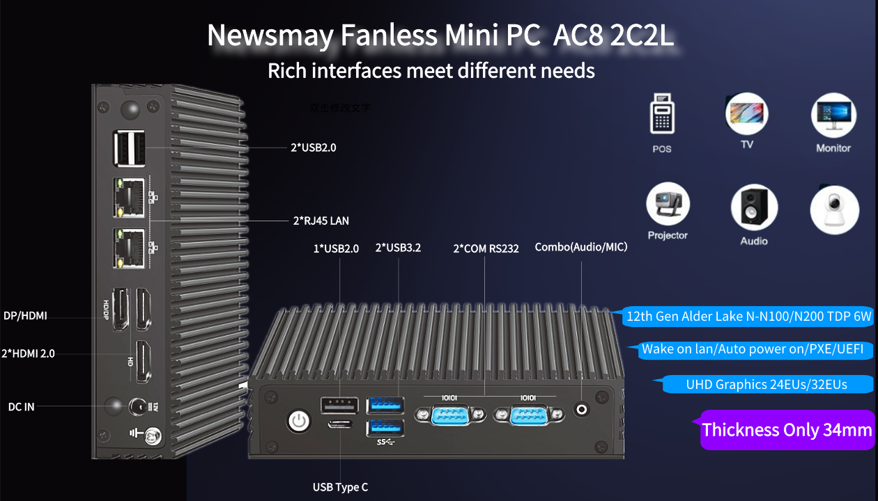 Industrial Fanless Mini Pc Ac8-v2-2c2l Celeron N100 Cpu Ddr4 Max 32gb Sata Ssd Triple Display 2 ...