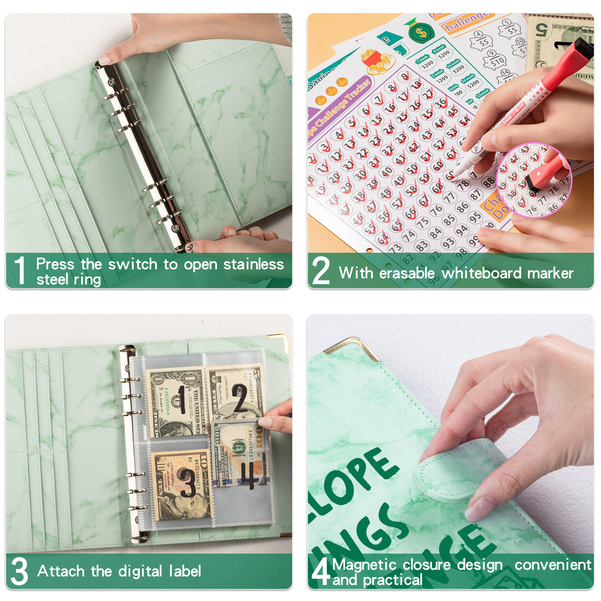 100 Envelopes Money Saving Challenge Binder Leather Marble Budget ...