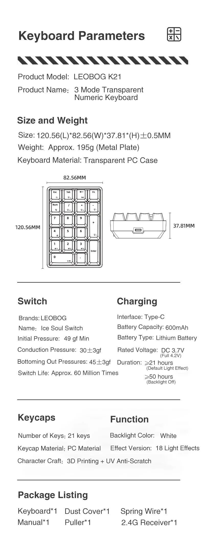 Leobog K21 Bluetooth Number Pad Mechanical Numeric Keypad 21 Key ...