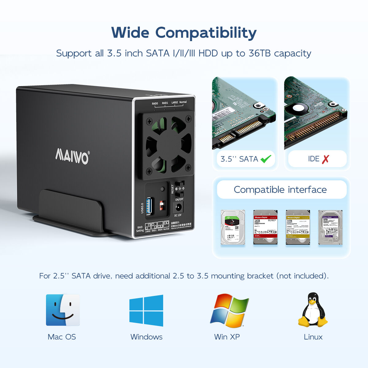 Maiwo K35272u3 Dual Bay Raid Aluminum Enclosure For 3.5" Sata Hdd/ssd 3 ...