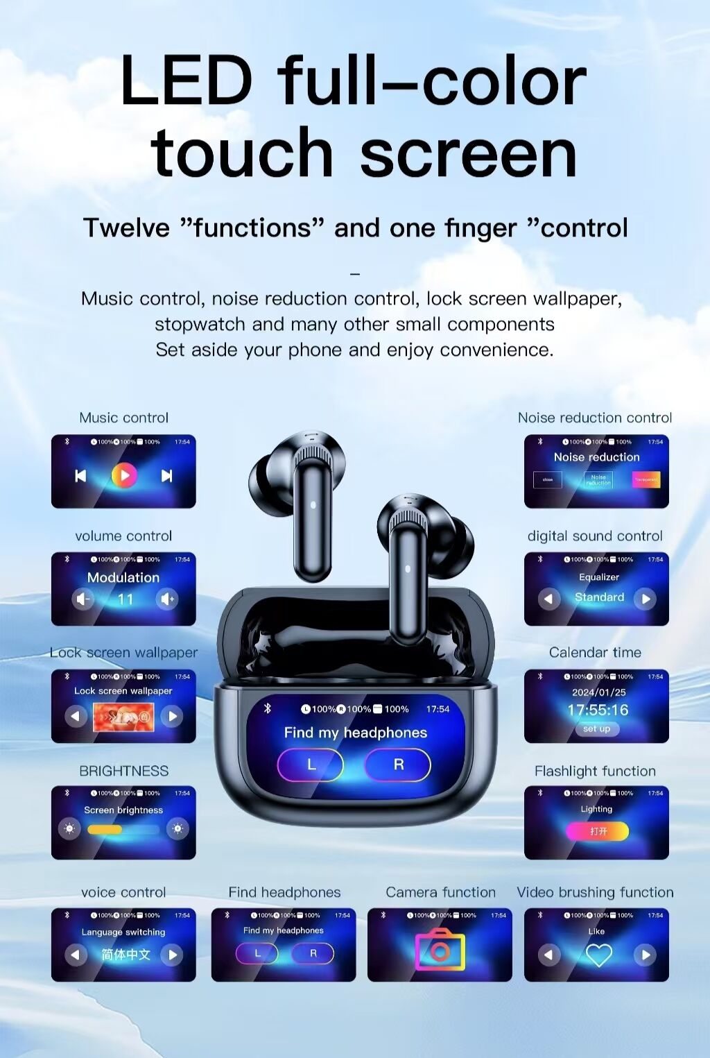 Smart Screen Headphone Hq Sound Anc+enc Transparencytws Earbuds ...