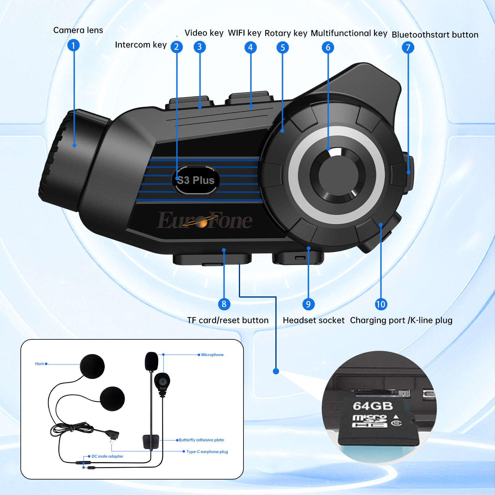 Motorbike Helmet Intercom Interphone Headset With Hd Camera, Fm Radio ...