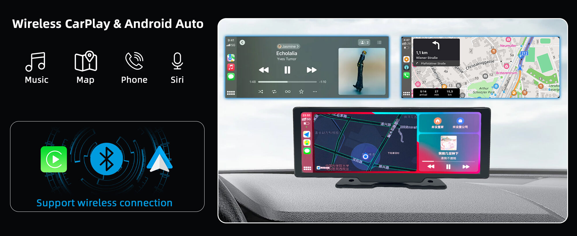 10.26" Ips 4k Dash Cam Adas Wireless Carplay & Android Auto Screen Airplay & Androidcast Mirror ...