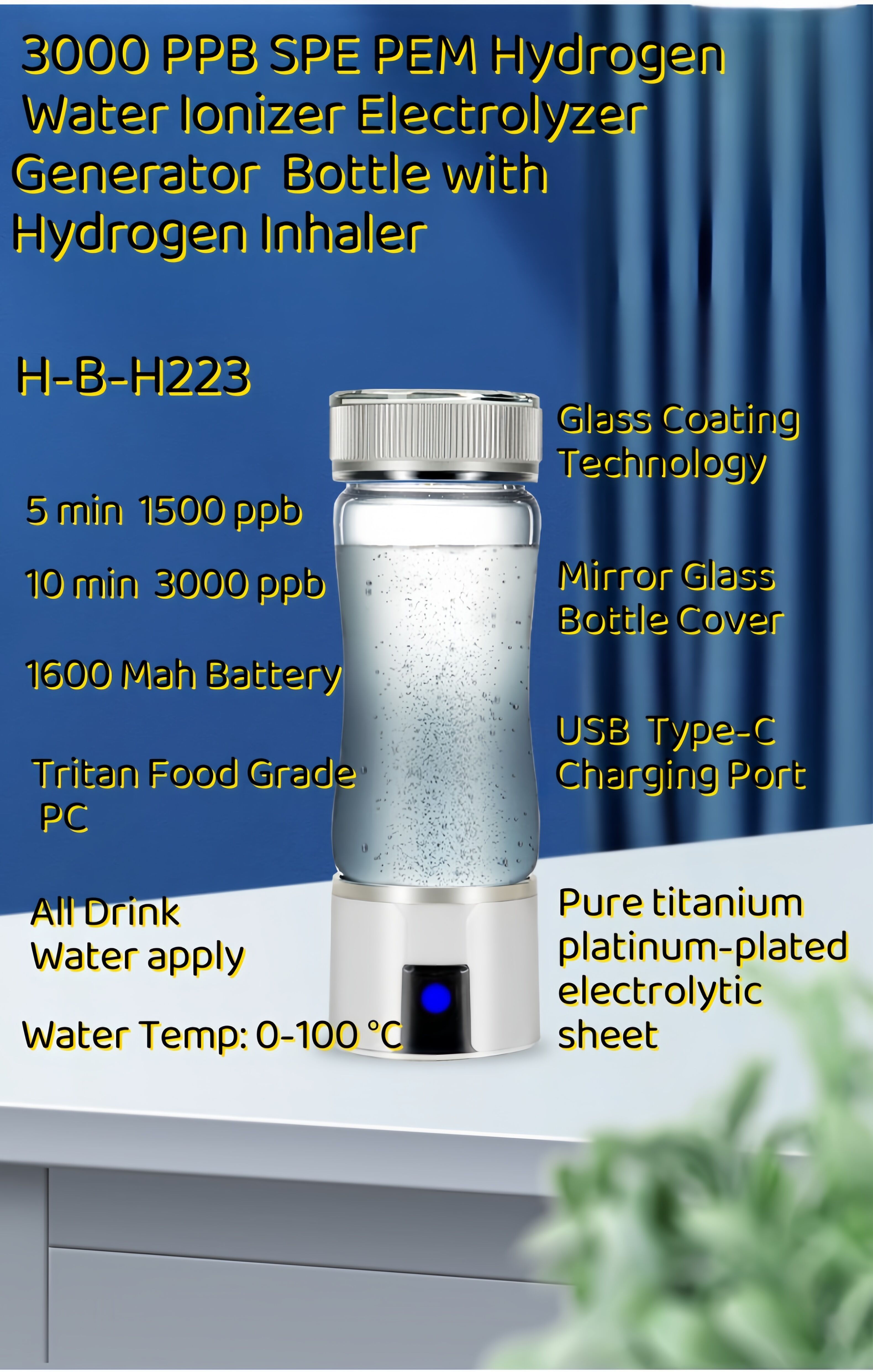 3000 Ppb Spe New Portable Hydrogen Rich Water Electrolyzer Ionizer ...