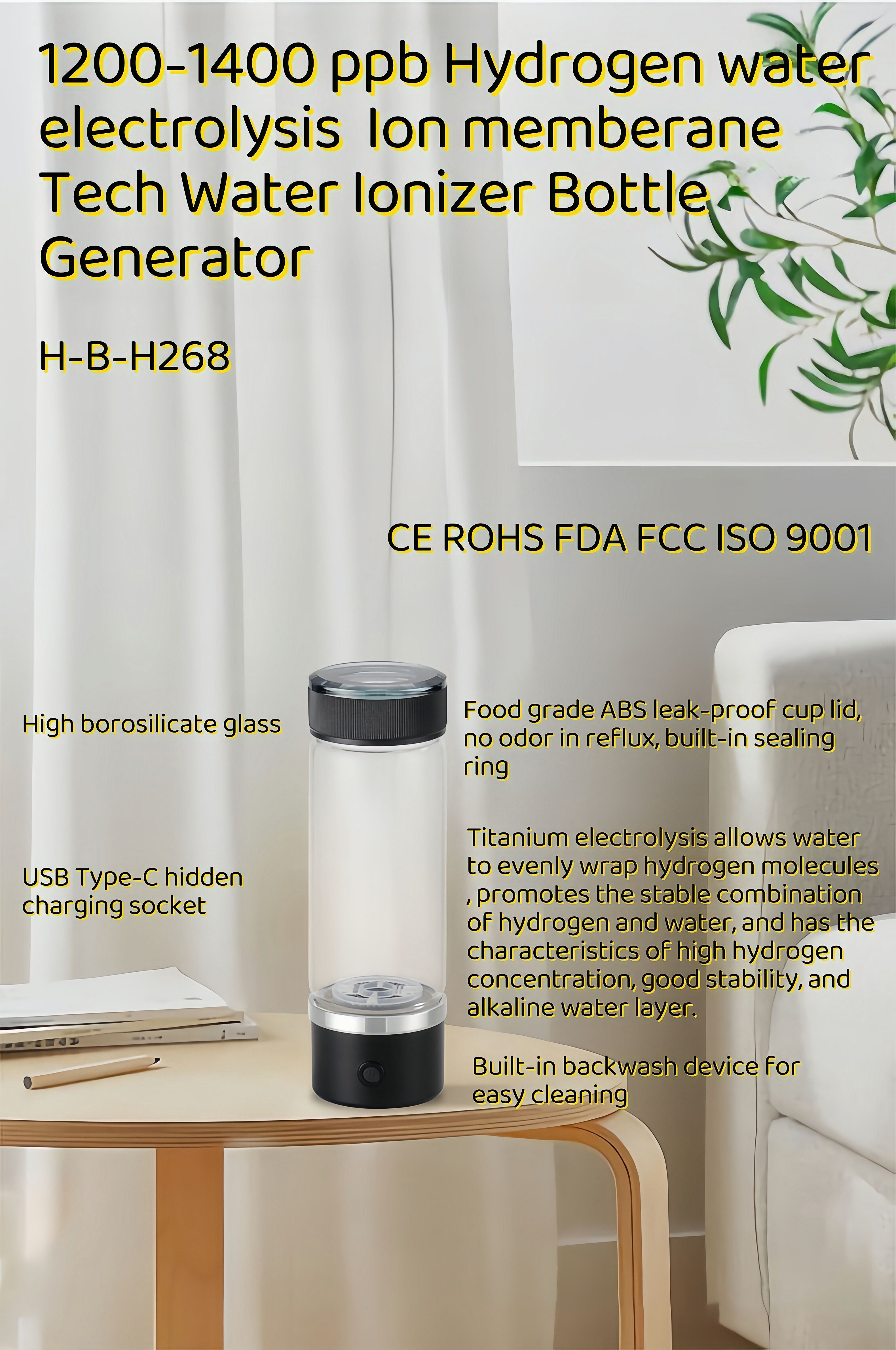 1200-1400 Ppb Household Portable Hydrogen Water Ionizer Generator ...