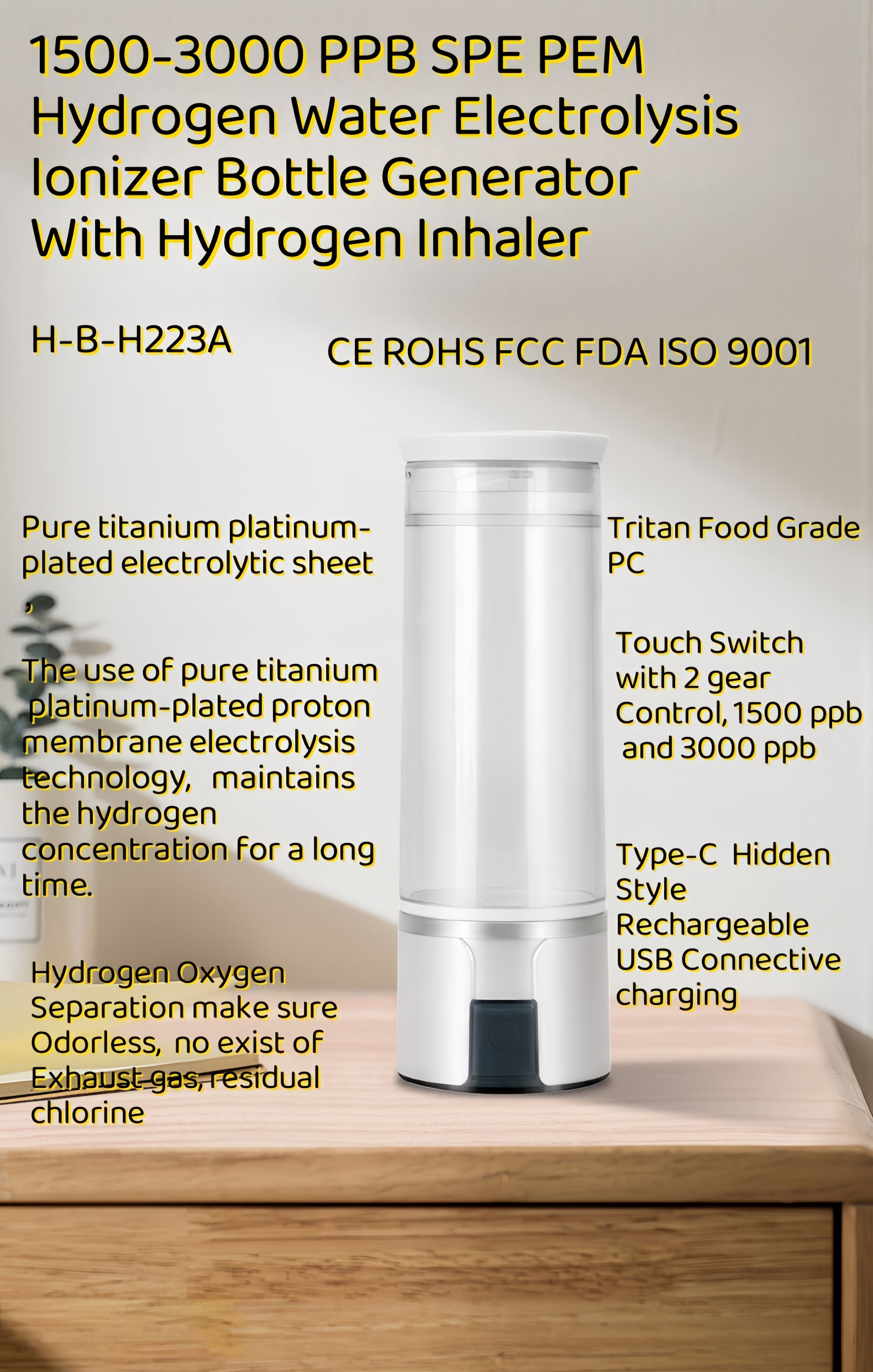 3000 Ppb Spe Pem Portable H2 Hydrogen Water Electrolyzer Ionizer ...
