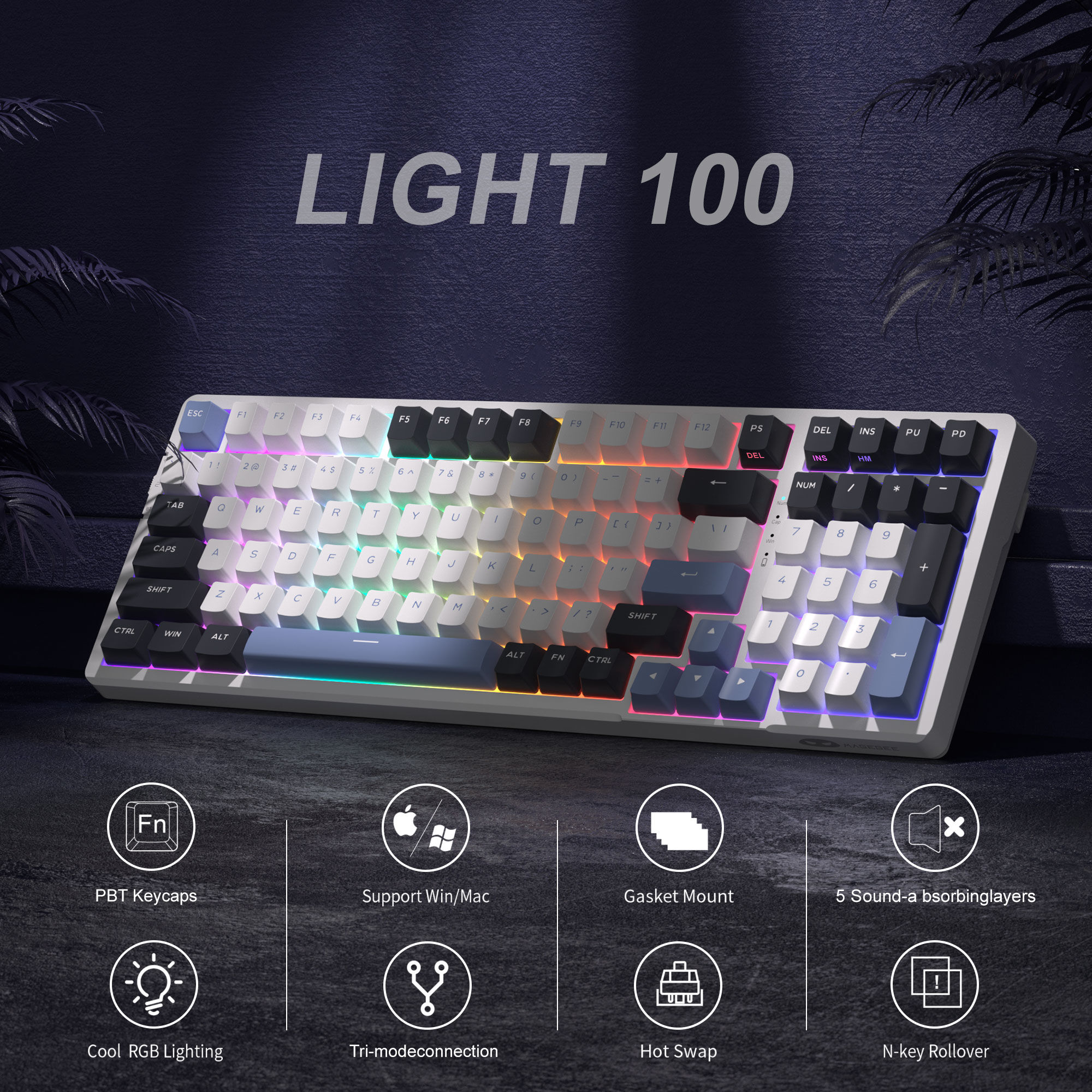 Magegee Light100 Tri-mode Mechanical Keyboard Gasket Ergonomic 99keys ...