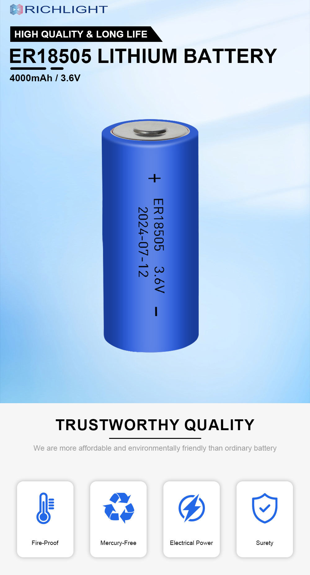 Er18505 4000mah Lithium Thionyl Chloride Battery Cell For Water Meter ...