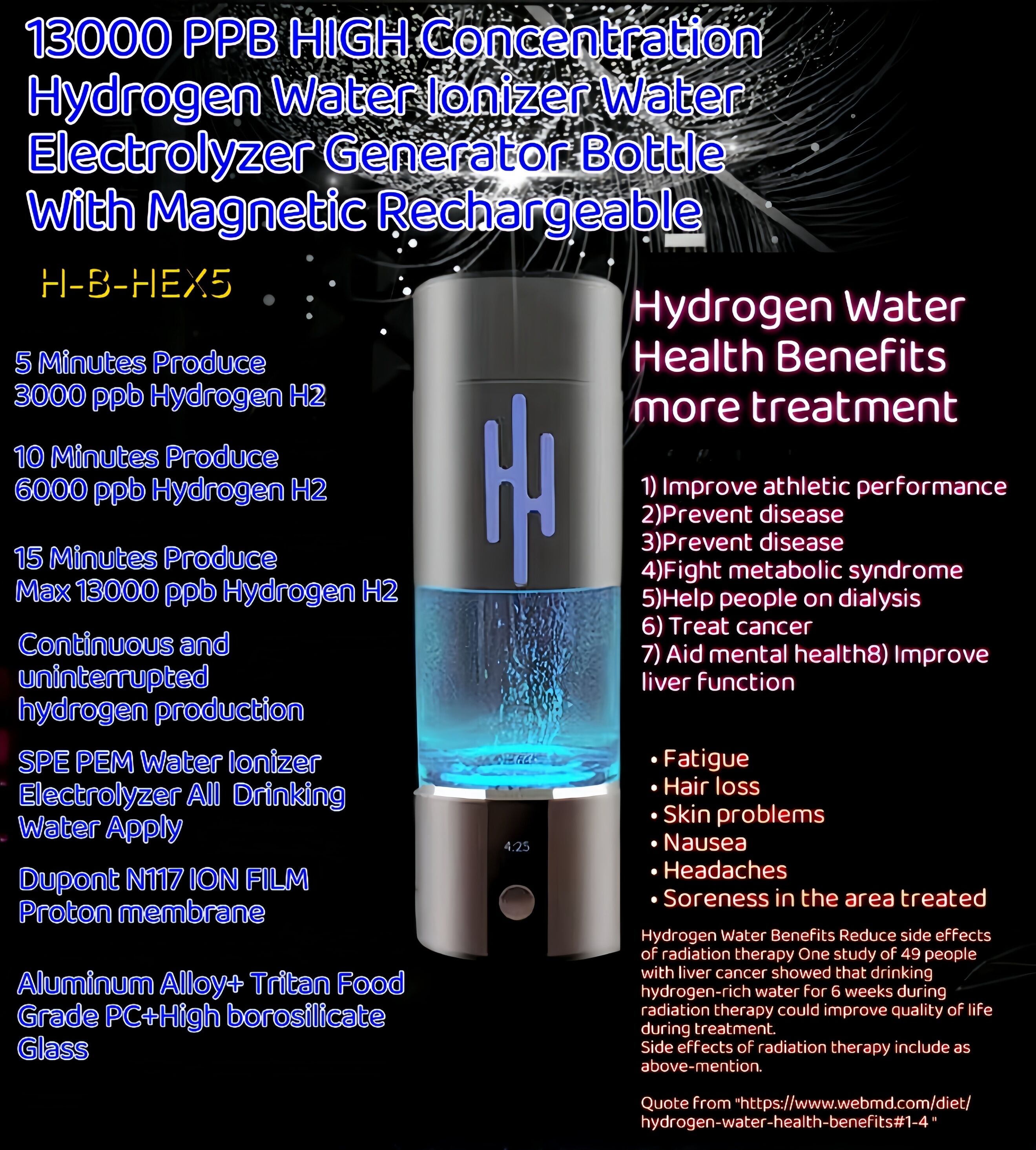 13000 Ppb Hydrogen Water Bottle Hydrogen-rich Water Generator Decrease ...