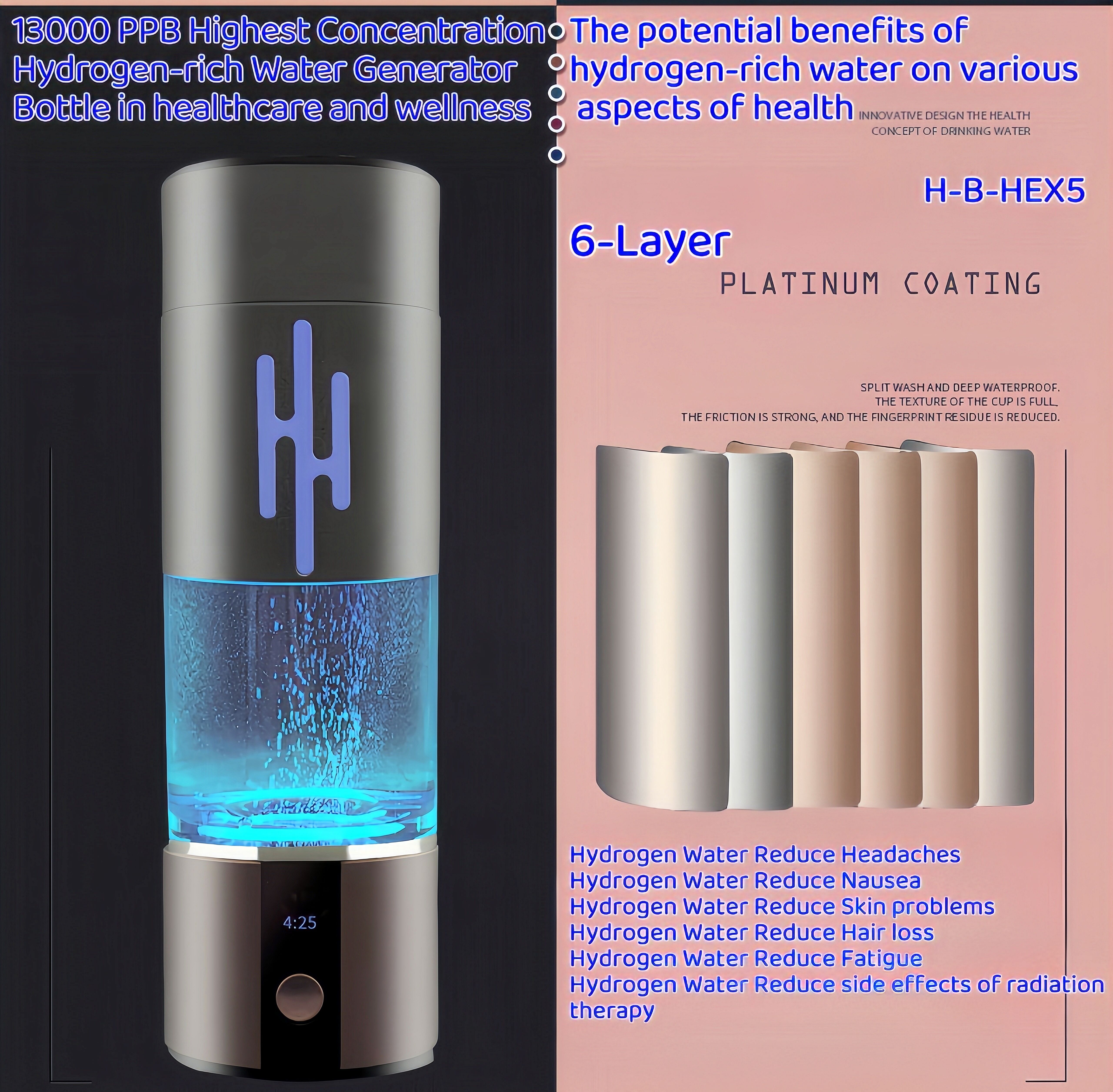 13000 Ppb Hydrogen Water Bottle Hydrogen-rich Water Generator Decrease ...
