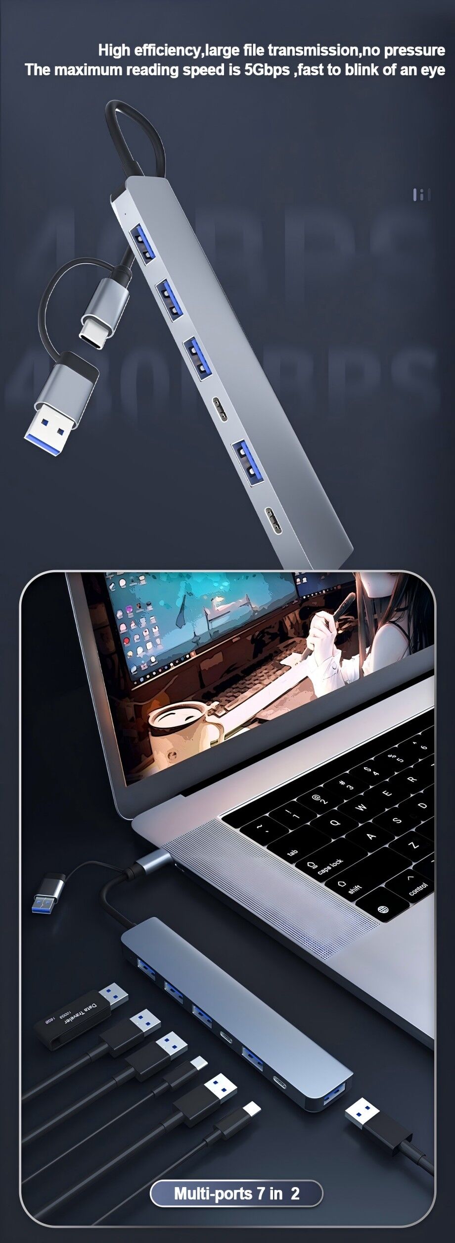 8 In 1 Usb Hub Dual Head Type C Usb Multi Port Usb 3.0 Adapter For ...