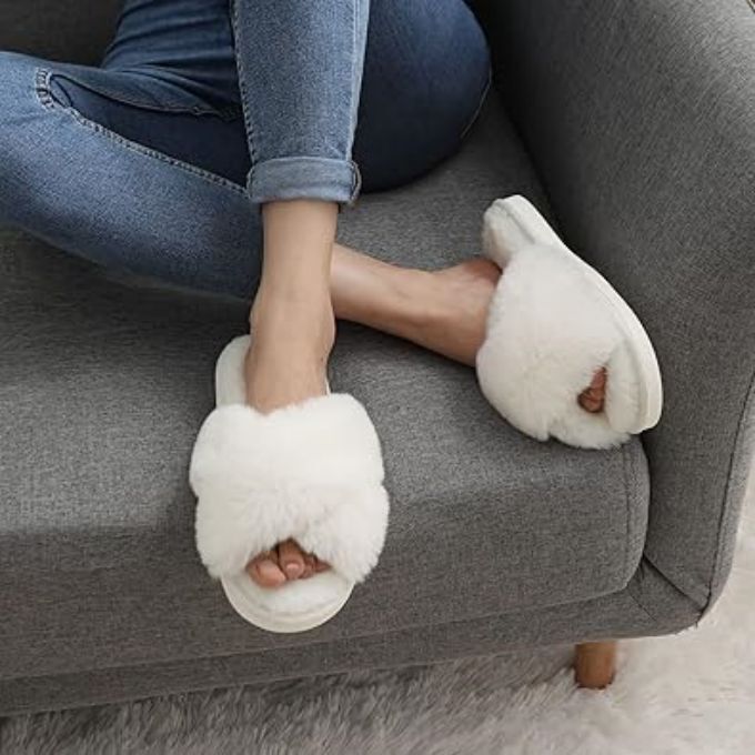 Evshine Women's Fuzzy Slippers Cross Band Memory Foam House Slippers ...