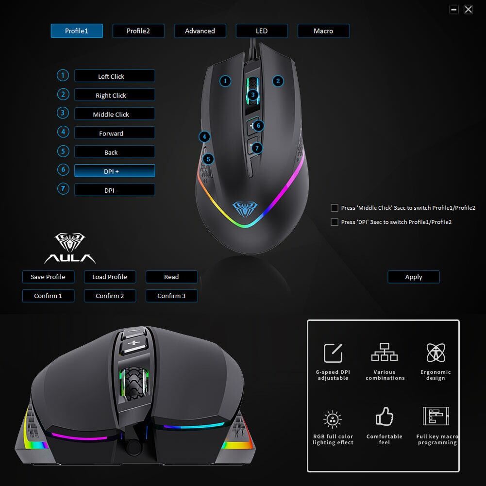 Aula F805 Gaming Mouse 6400 Dpi Marco Programmable Rgb Backlight 7 ...