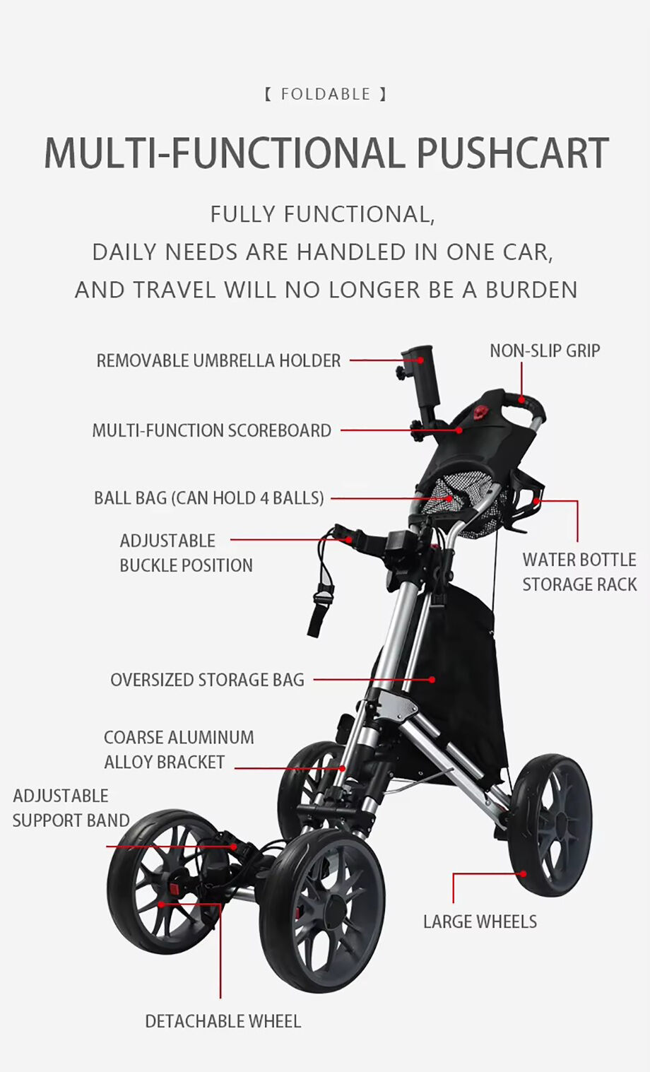 Hot Sale Foldable 4 Wheel Golf Push Cart Aluminum Silver Golf Trolley ...