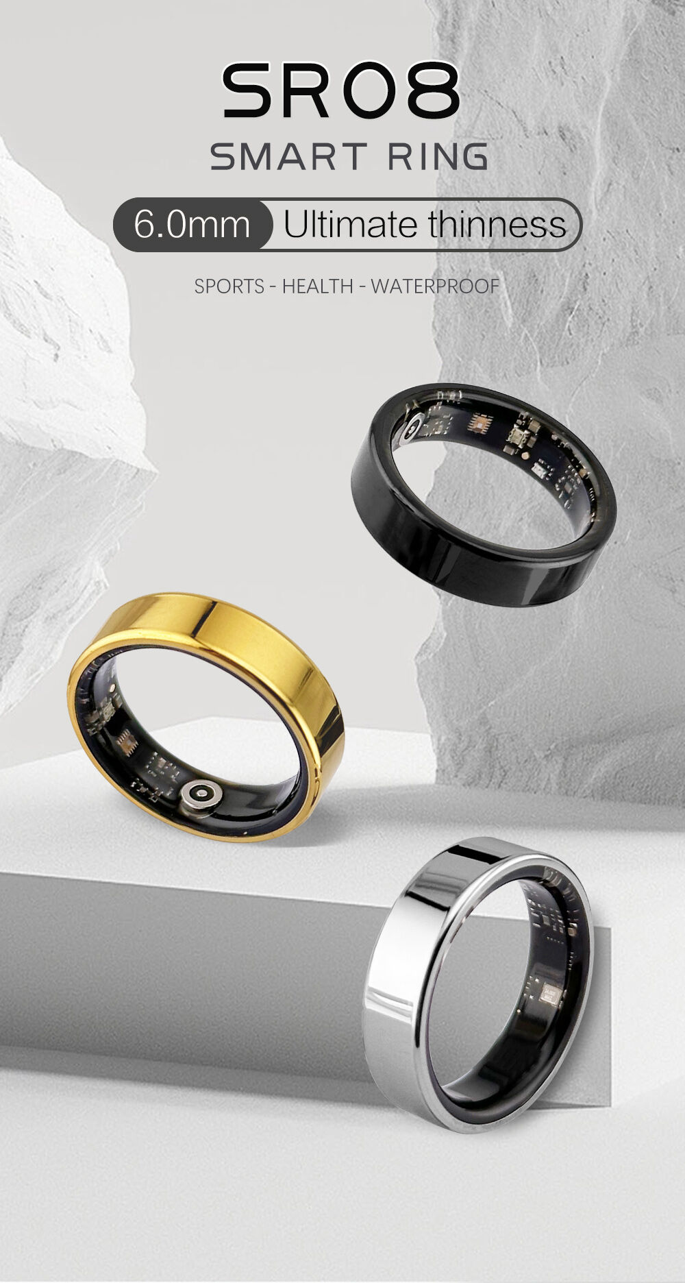 Wholesale Sr08 Waterproof Smart Ring Heart Rate Blood Oxygen Exercise Calorie Pressure Surface ...