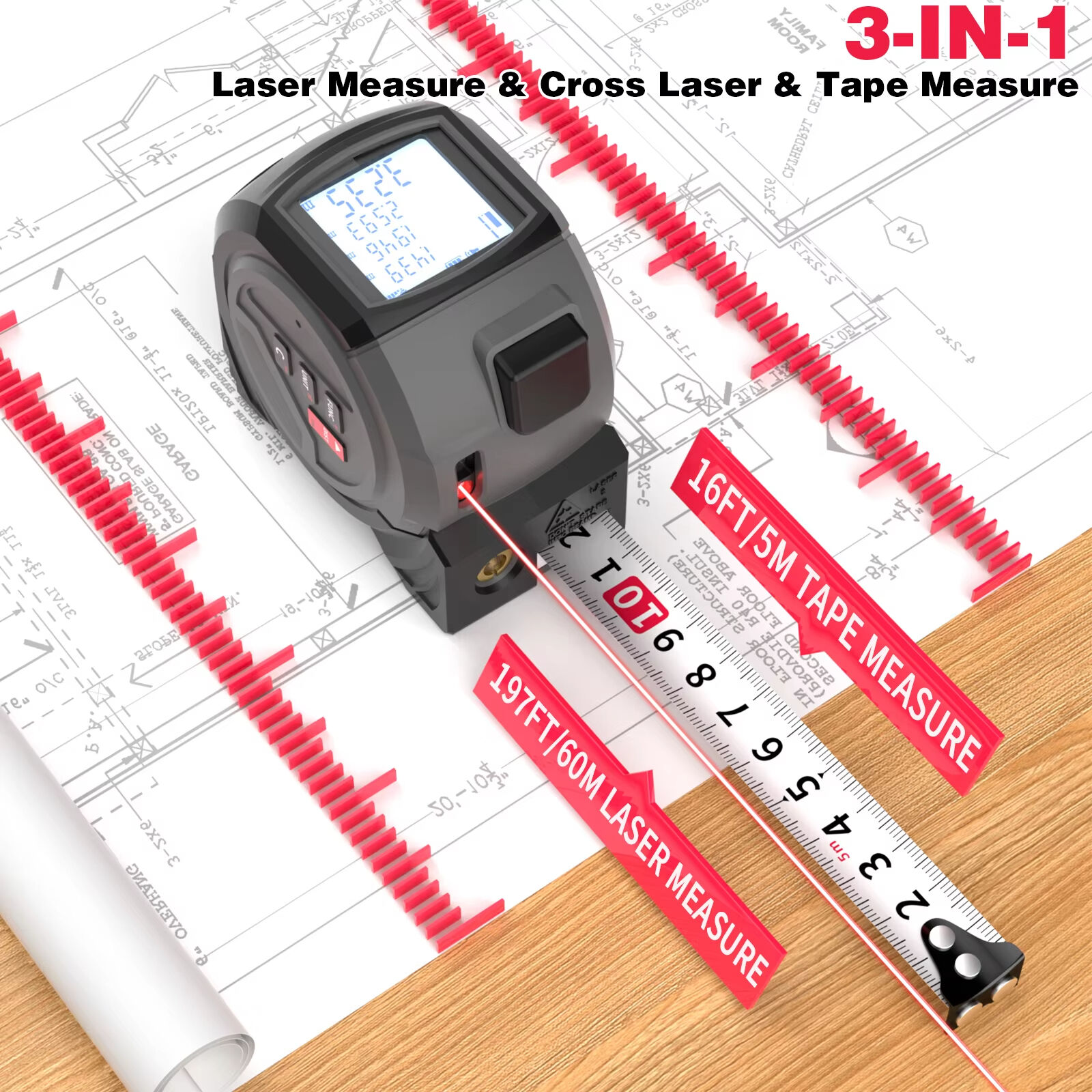 3 In1 Laser Rangefinder 5m Tape Measure Lcd Display Distance Meter ...