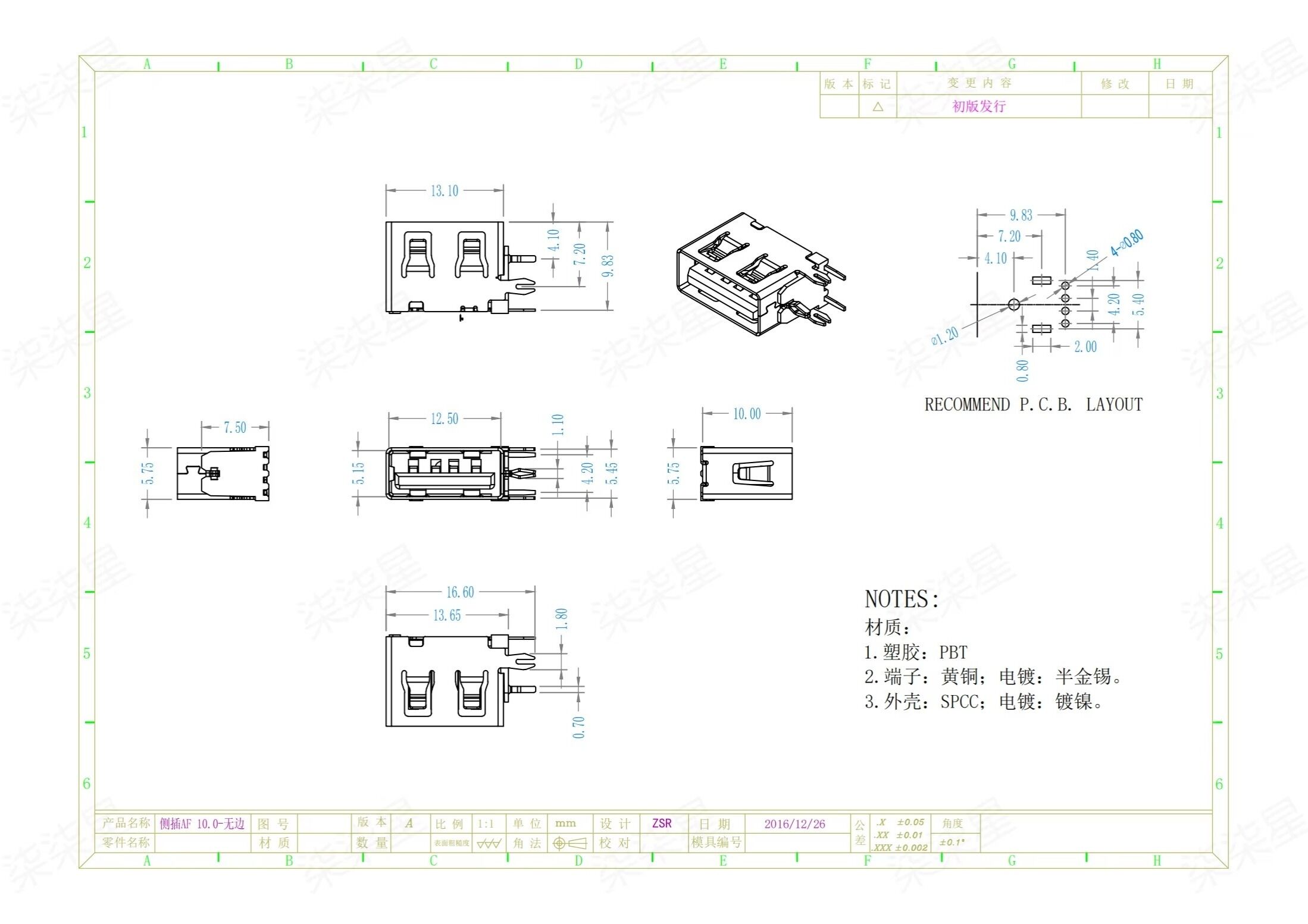 Usb 2.0 Type A 2 Pin 4 Pin Female Socket Connector Right Angle Type Dip ...