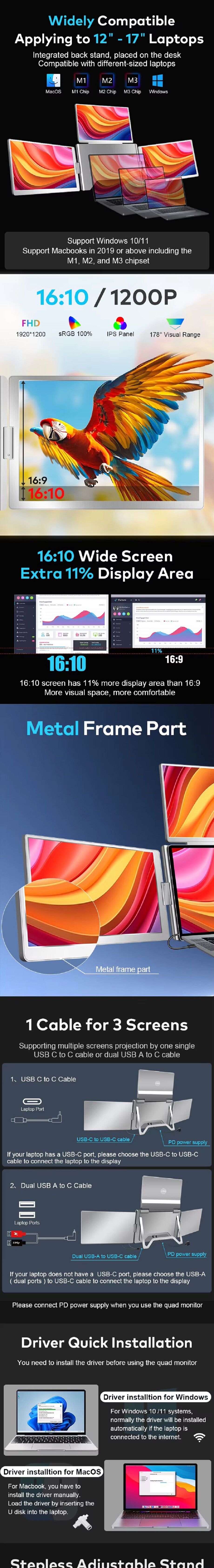 2024 New 14 Inch Portable Quad Monitor With 3 Screens For Laptop Screen ...