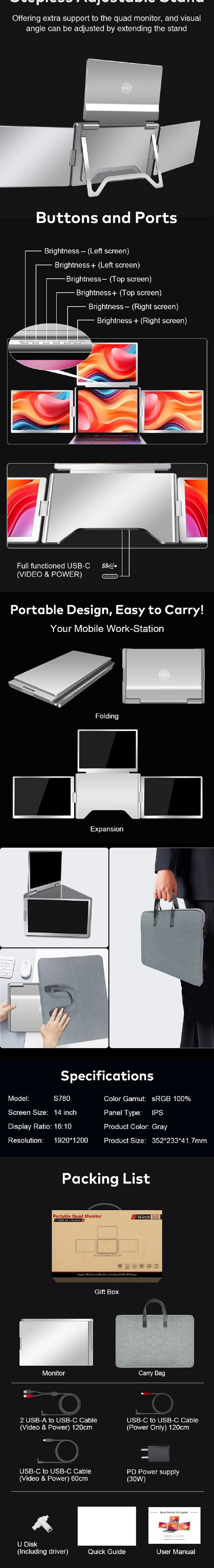 14 Inch Foldable Portable Quad Monitor With 3 Screens - Buy China ...