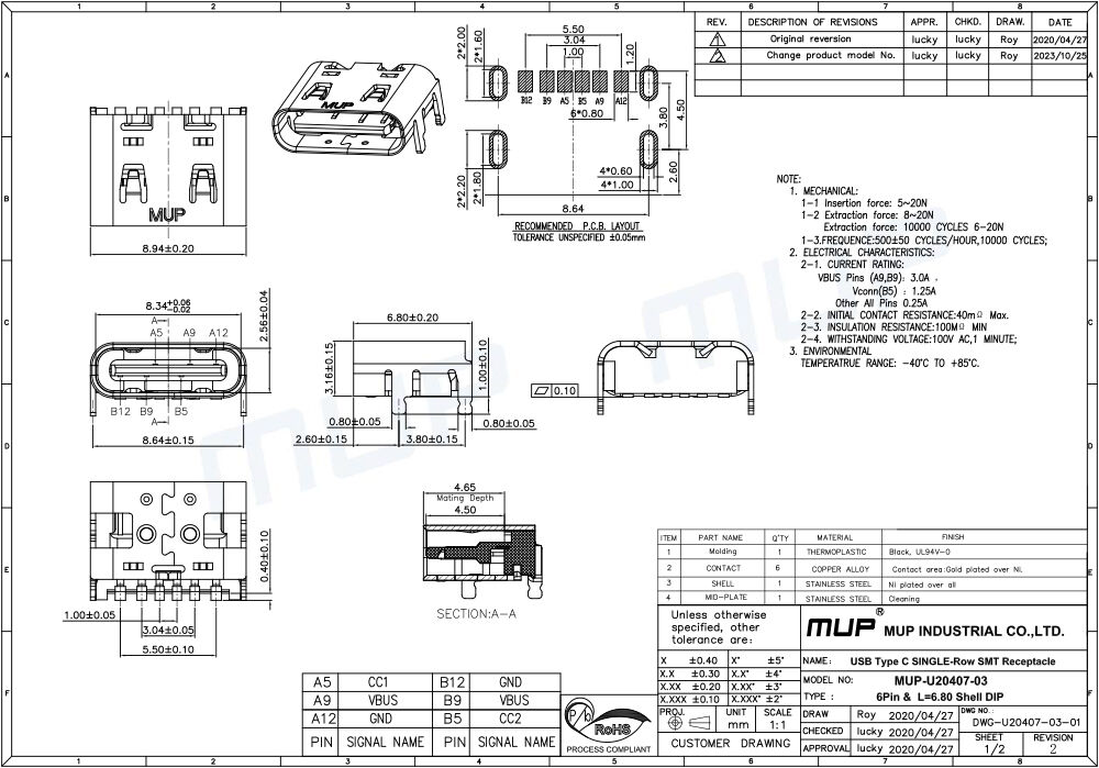 Mup 6pin Single-row Smt Female Single-row Smt Usb C Connectors Only For ...