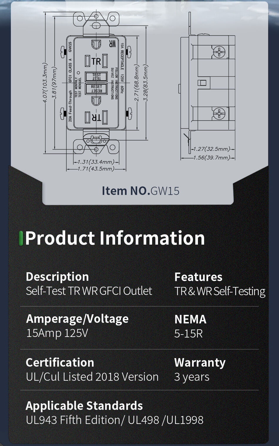 Oem Ul Listed Tr Wr 15 Amp Self-test Safety Wall Receptacle With Led ...