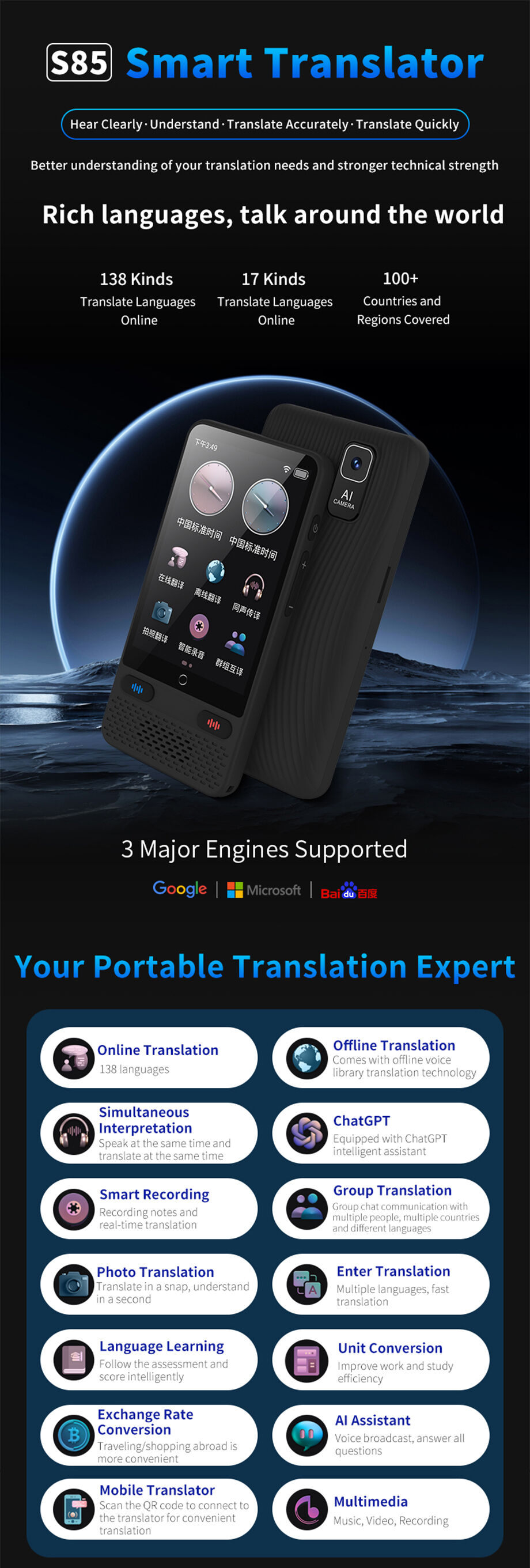 Wireless Smart Translator Device Online/offline 137 Languages Translate ...