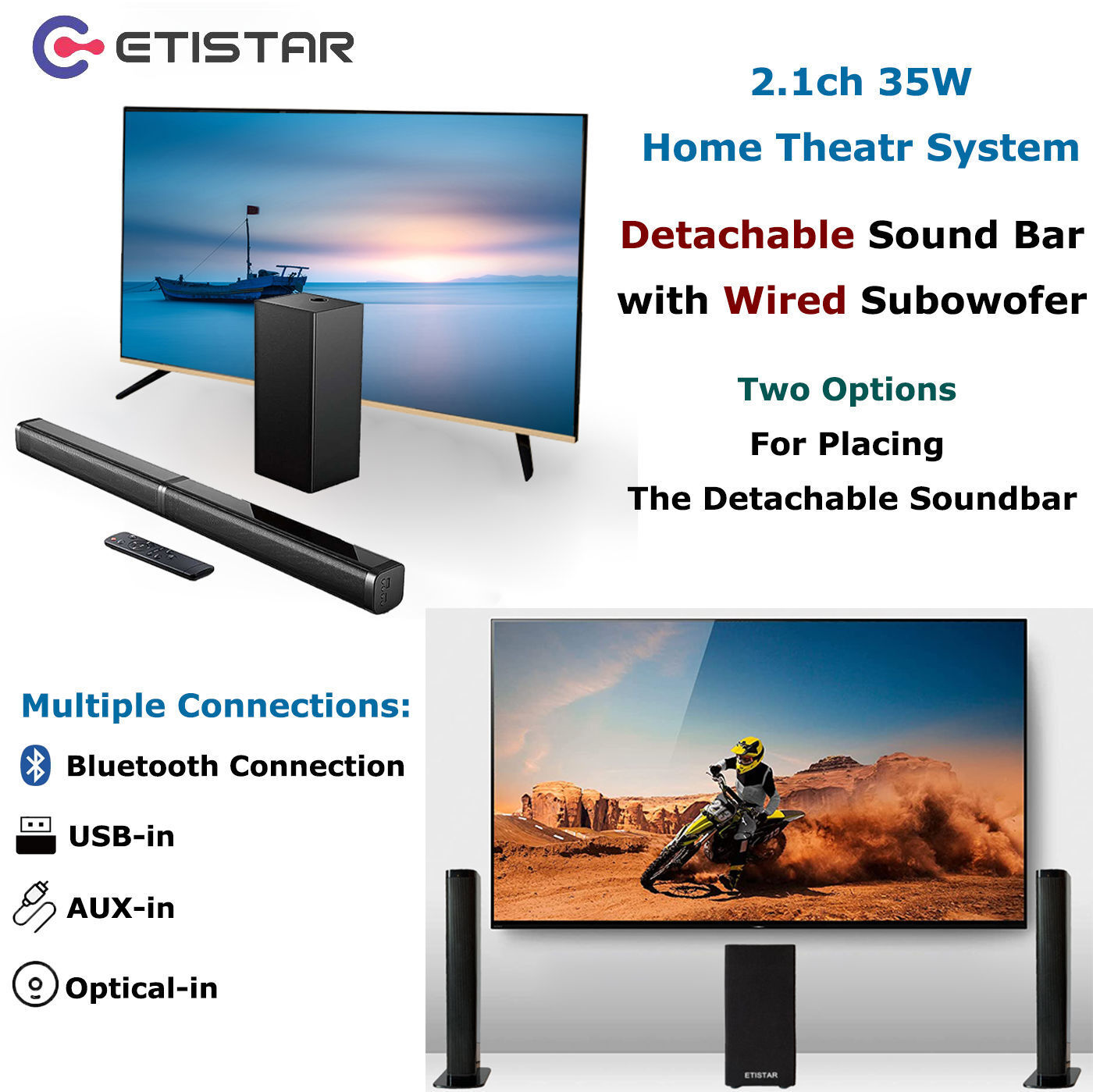 Wholesale 2.1ch 35w Blue Tooth Sound Bar With Wired Subwoofer Optical ...