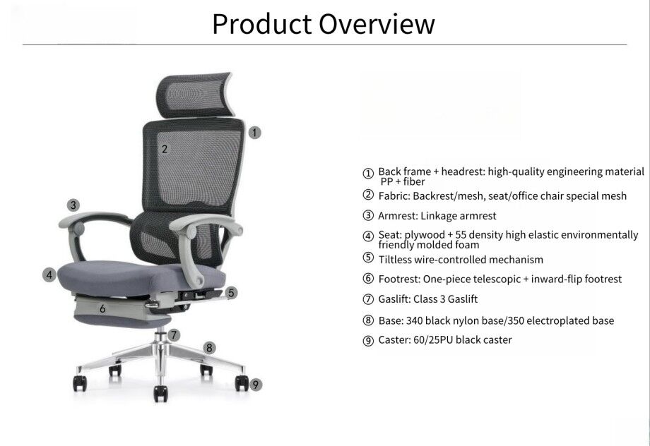 Mesh Office Chair Elastic Adaptive Lumbar Support Retractable Footrest ...
