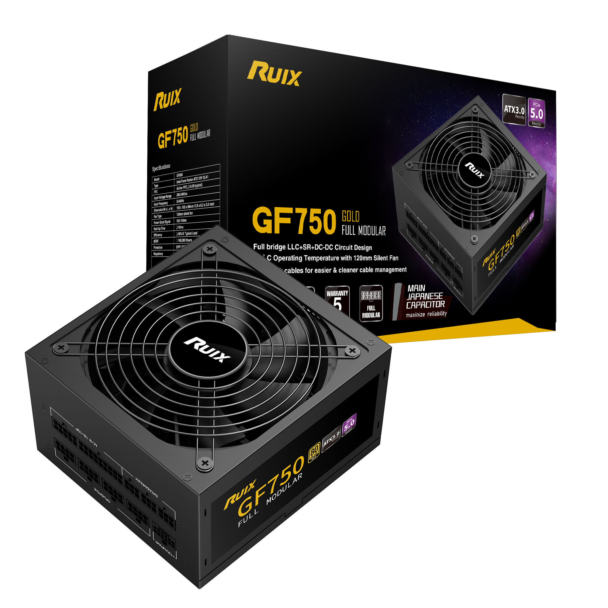 Ruix Gf750 750watt Atx Power Supply Full Modular 80 Plus Gold Psu High ...