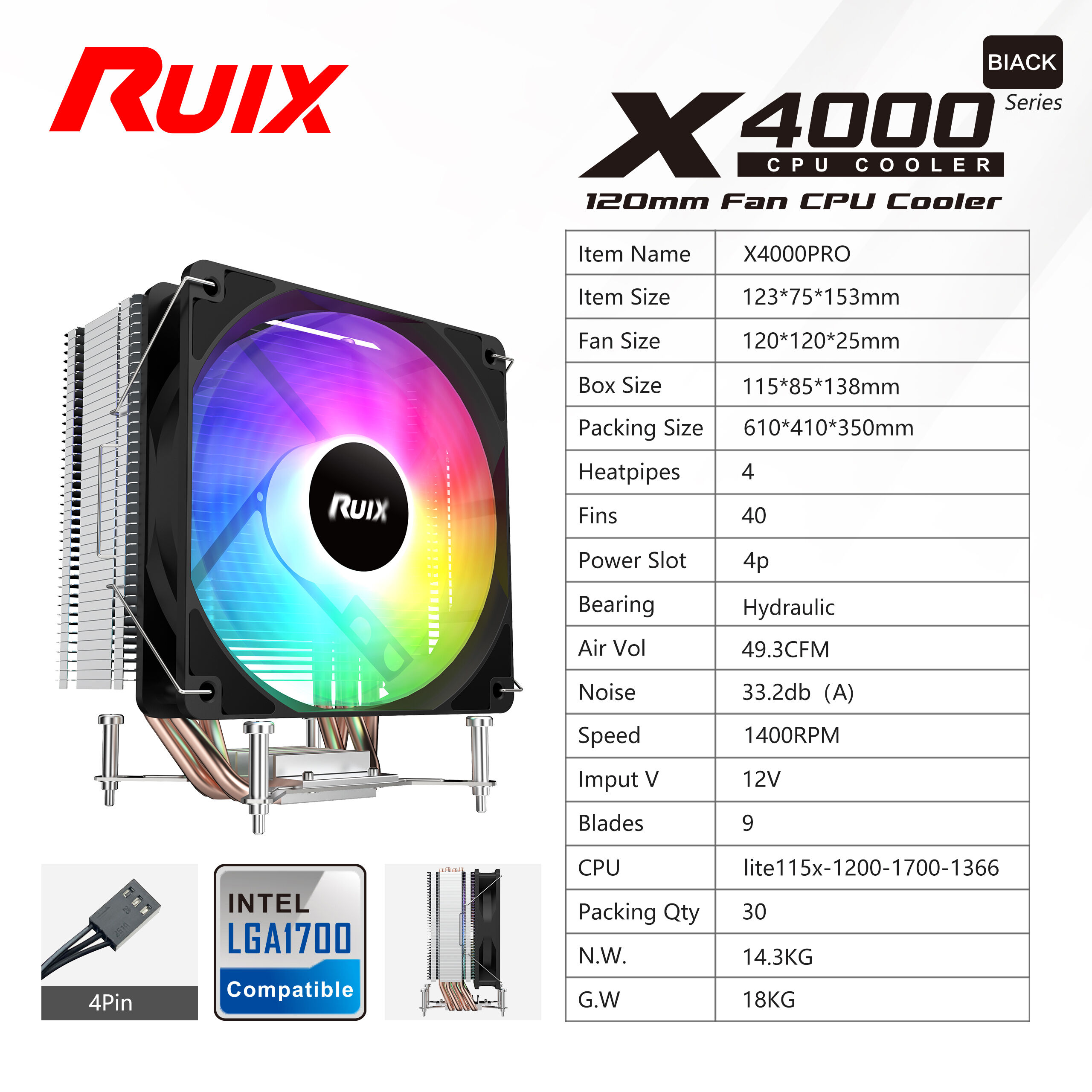 Ruix X4000 Pro 4 Heatpipes Computer Cpu Cooler Rgb Led Light Easy ...