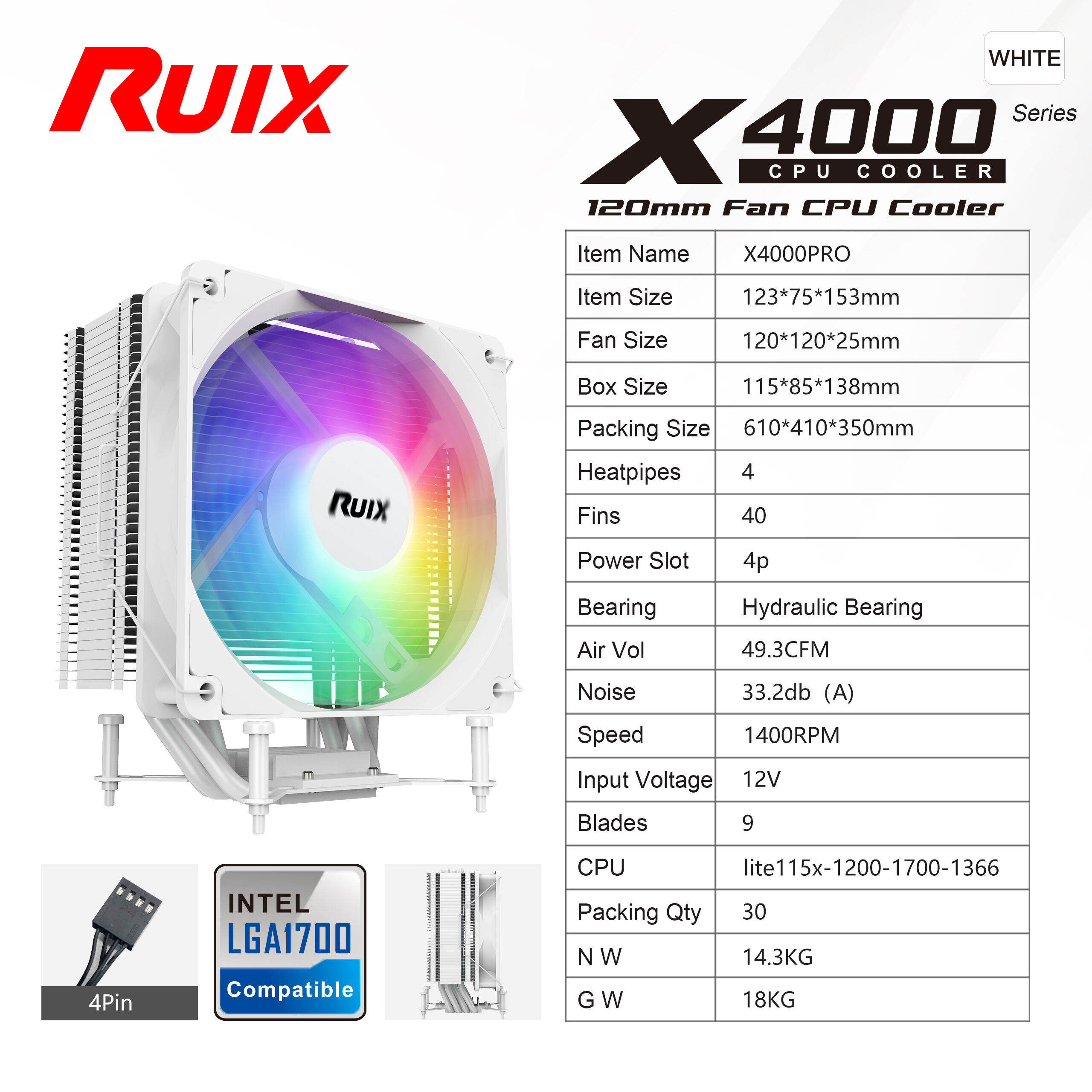 Ruix X4000 Pro(white)4 Heatpipes Pc Air Cooler 120mm Fan Fast Heat ...