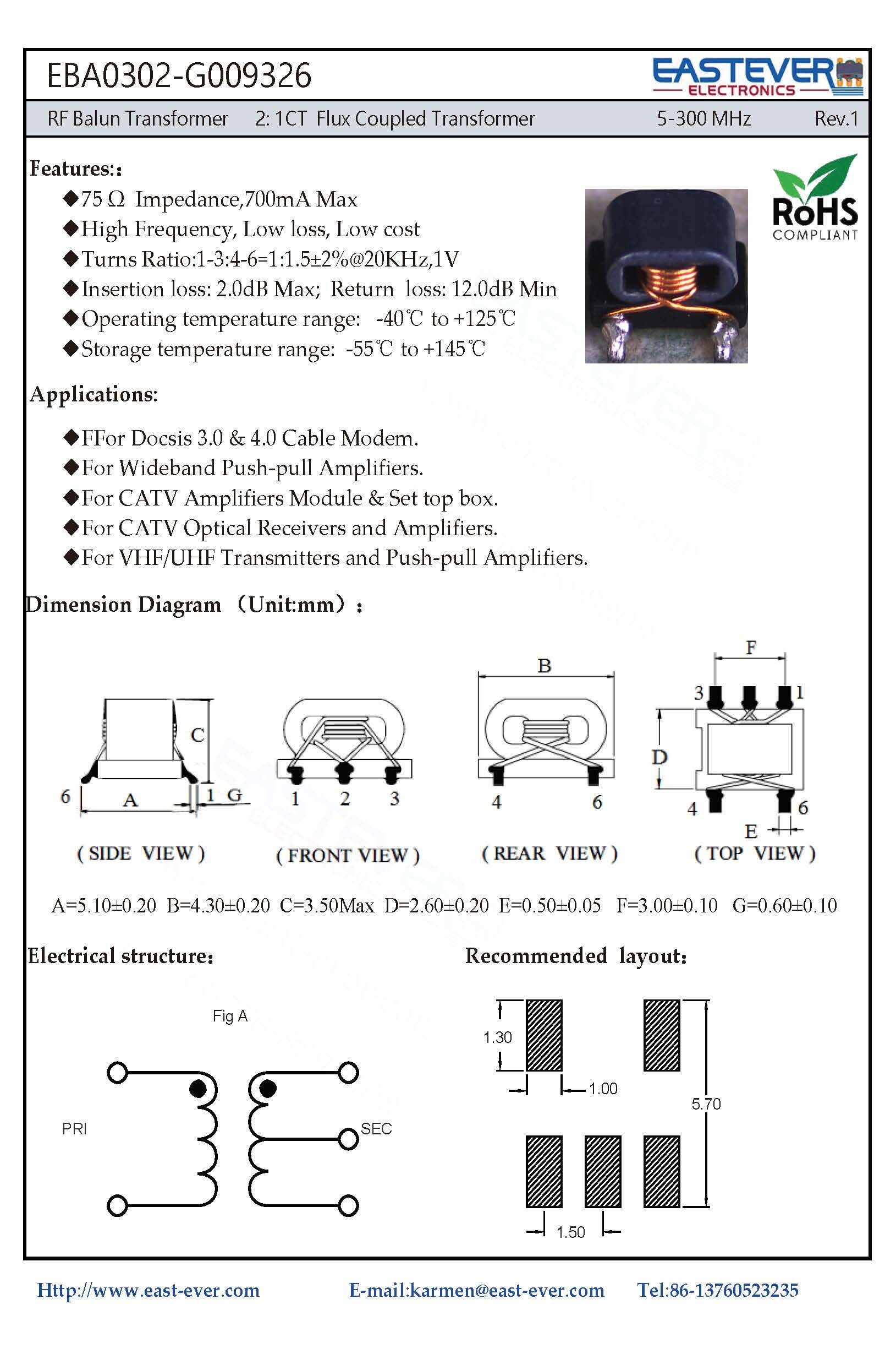 75ohm, 2:1ct, 5-300mhz Wideband Transformer, Surface Mount And Through ...