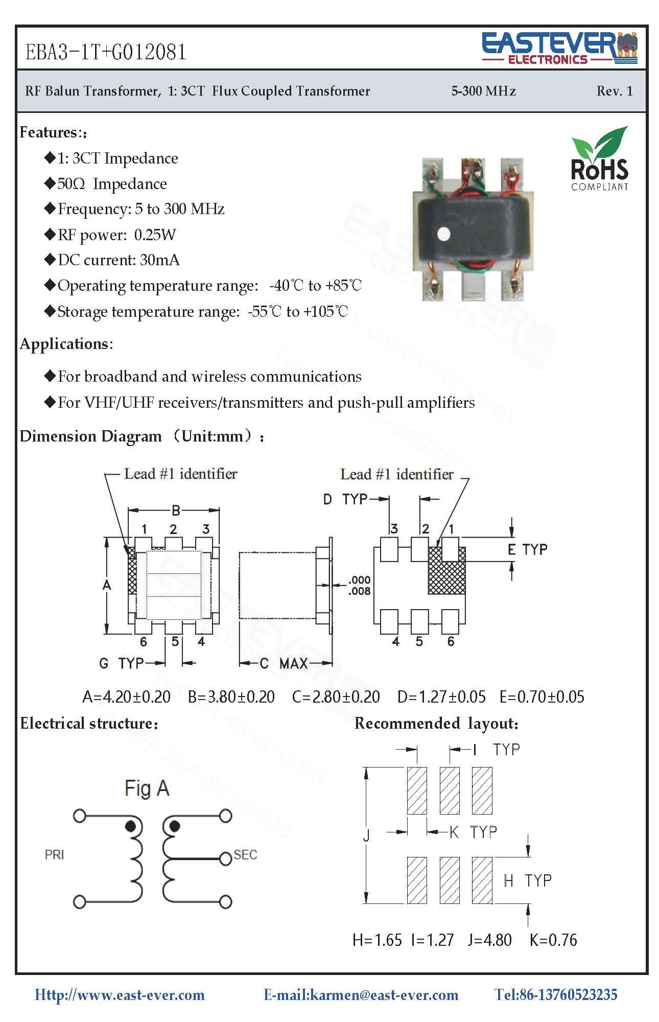 Rf Balun Transformer, 1: 3ct Impedance Flux Coupled Transformer 5-300 ...