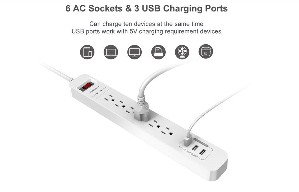Huntkey 6 American Standard Ac Outlets And 3 Usb-a Ports Power Strip ...
