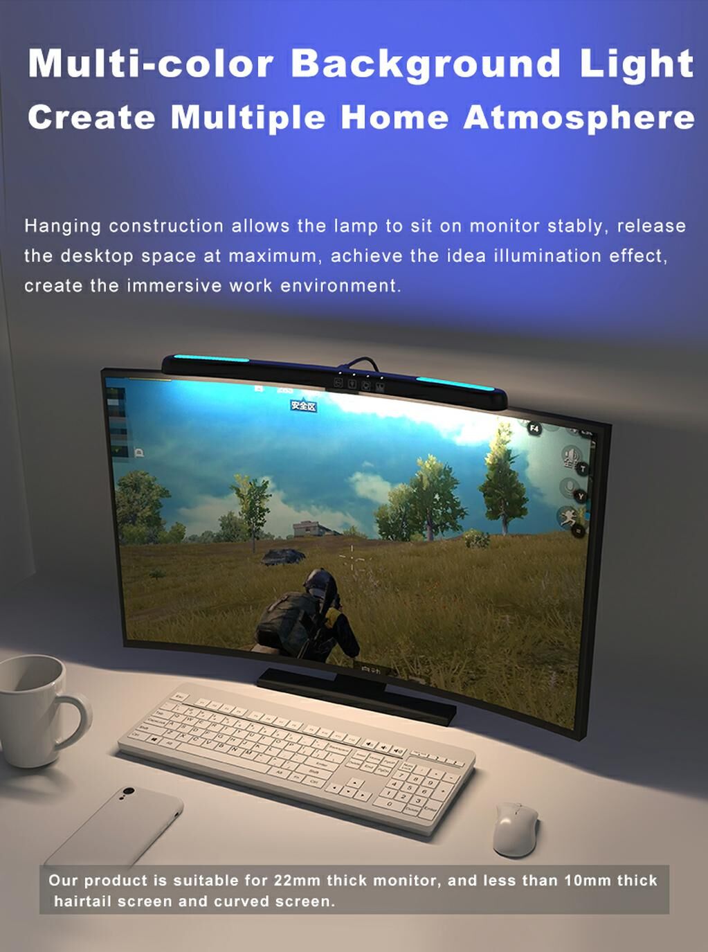 Curved Screenbar Monitor Light 3-mode 7 Color Back Light Office Gaming ...