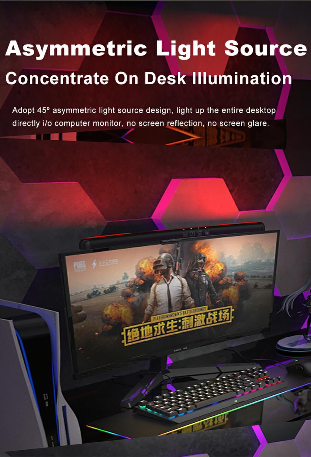 Curved Screenbar Monitor Light 3-mode 7 Color Back Light Office Gaming ...