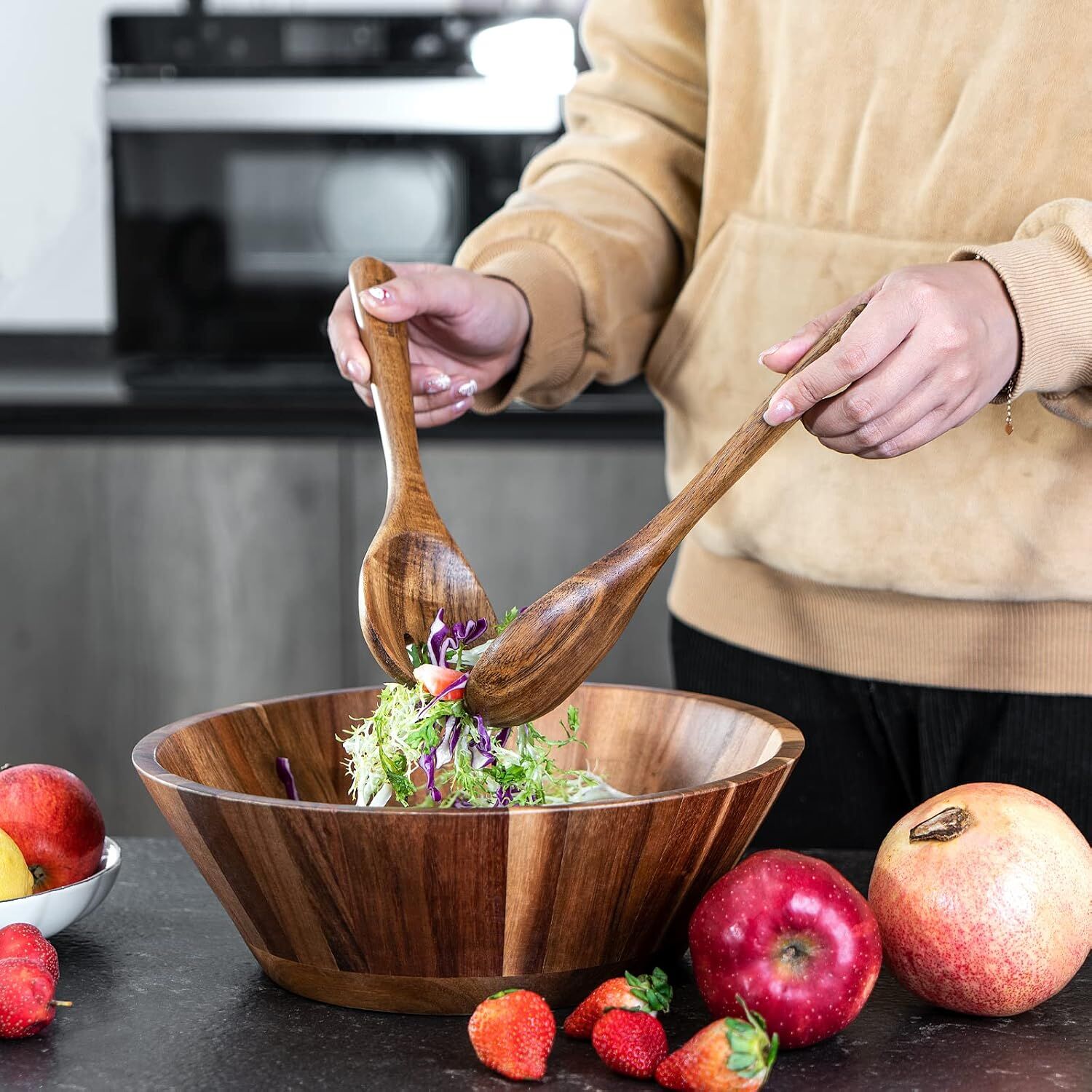 Wooden Salad Bowl, 12'' Acacia Wood Large Salad Bowl Set Big Salad ...