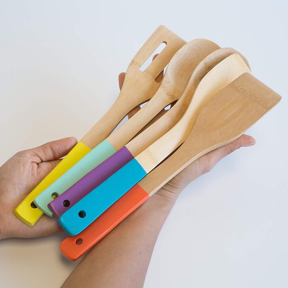 5 Piece Bamboo Wood Nonstick Cooking Utensils - Wooden Spoons And ...