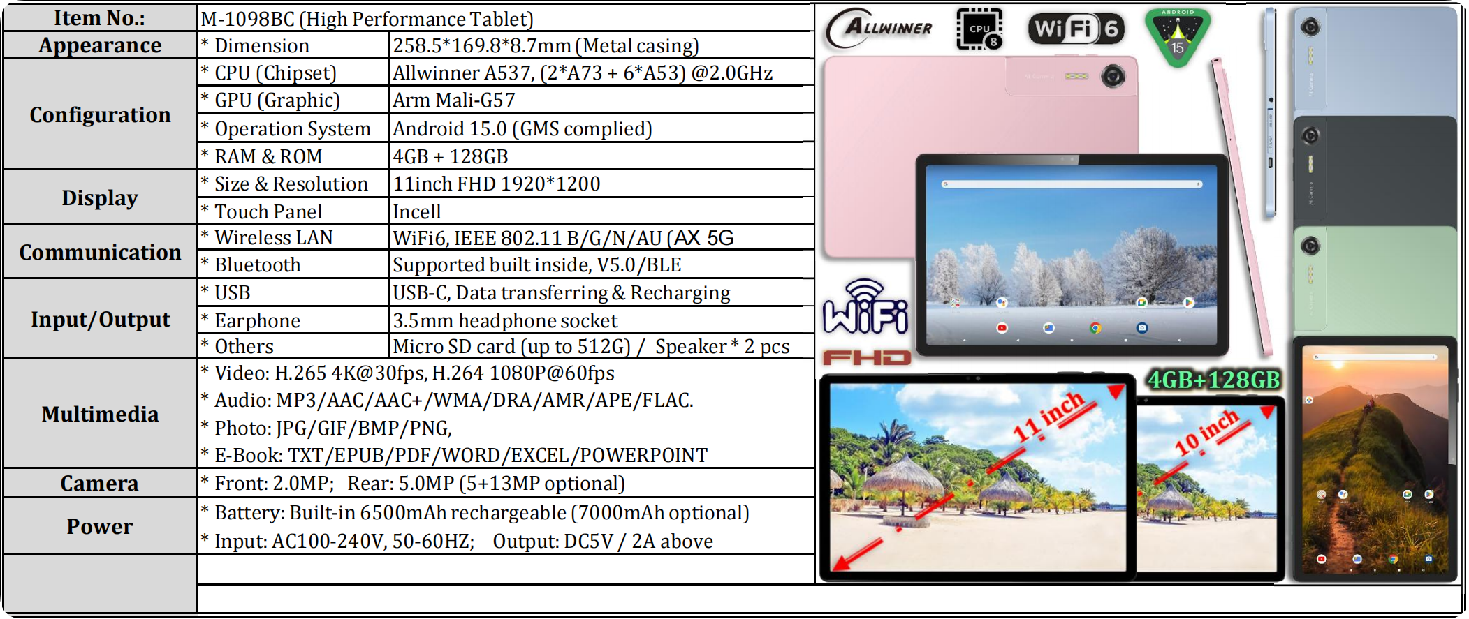 Type C Big Screen 11 Inch Android Gaming Tablet Pc 4gb Fhd 1920*1200 ...